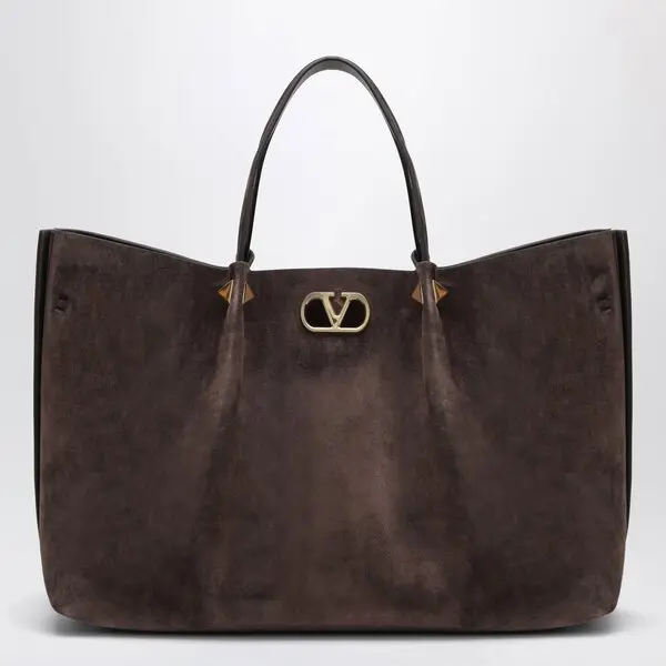 Valentino Garavani Large Rockstud Ebony Suede Shopping Bag - Brown
