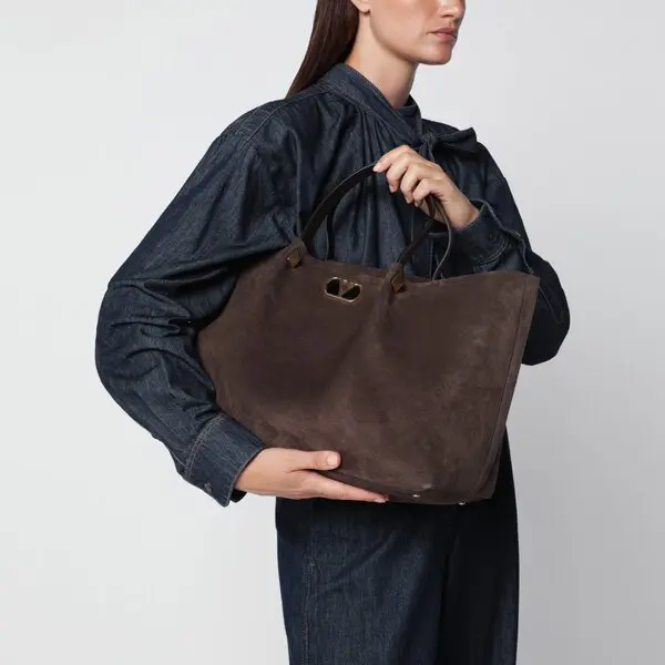 Valentino Garavani Large Rockstud Ebony Suede Shopping Bag
