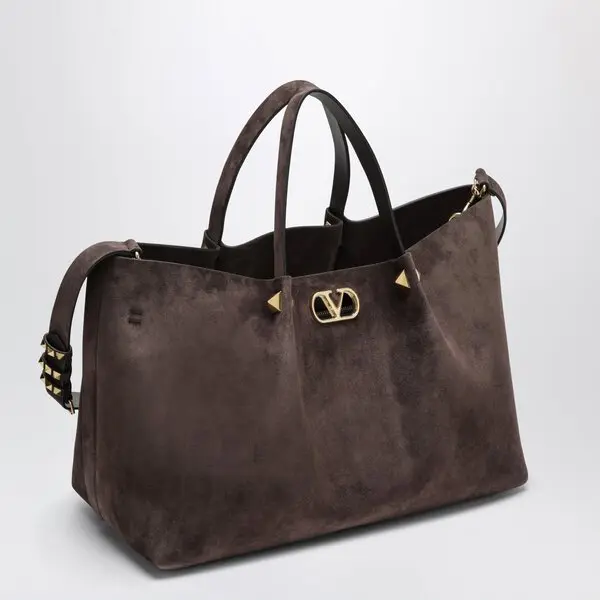 Valentino Garavani Large Rockstud Ebony Suede Shopping Bag