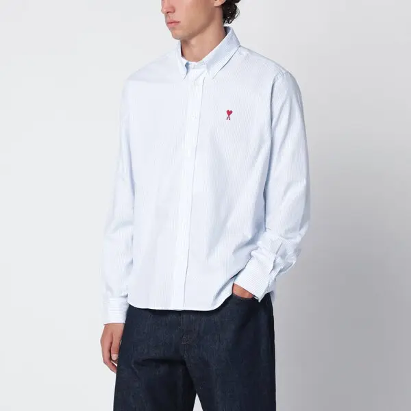 AMI Paris White Striped De Coeur Shirt - Light Blue