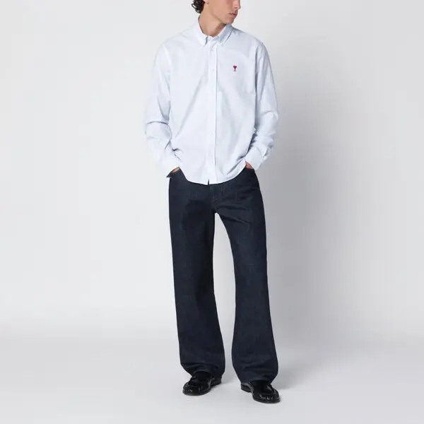 AMI Paris White Striped De Coeur Shirt - Light Blue