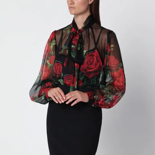 Dolce & Gabbana Silk Rose Print Blouse - Black