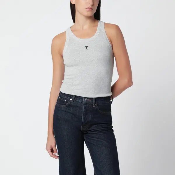 AMI Paris Ribbed Crewneck Tank Top With Embroidered Logo - Grey