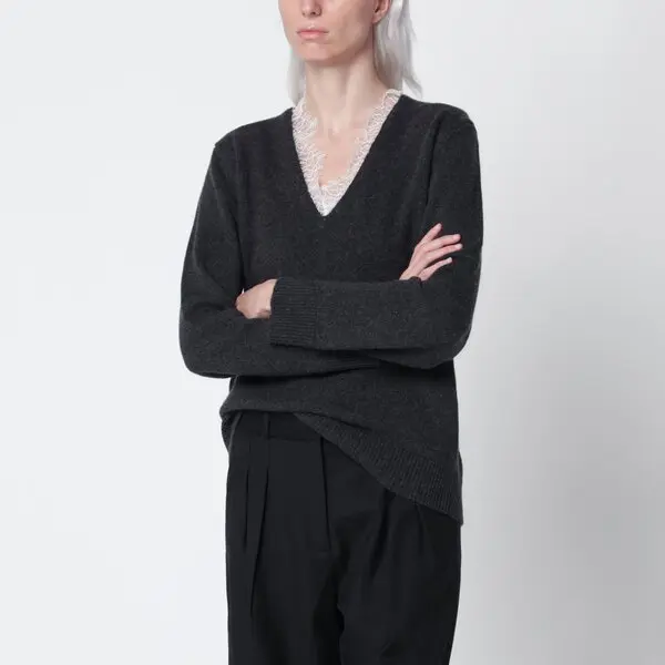Loulou De Saison Leyla Cashmere Sweater With Lace Trim - Black