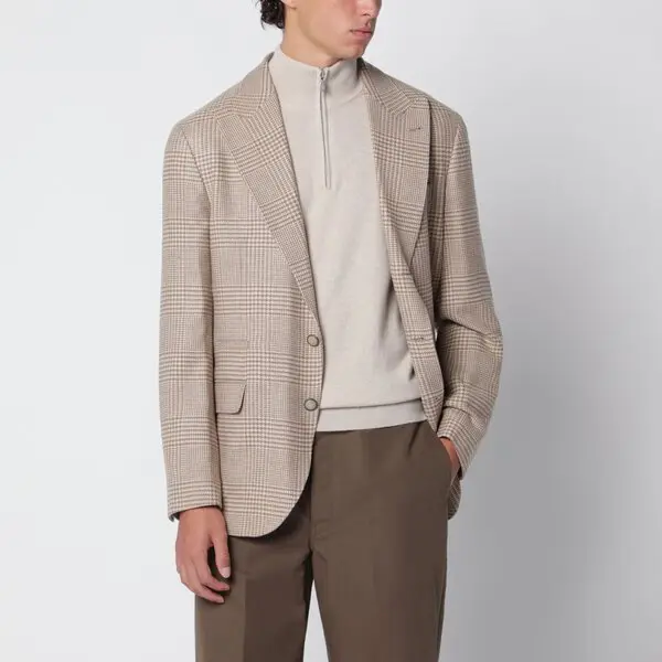 Brunello Cucinelli Camel Prince Of Wales Check Single-breasted Jacket - Beige