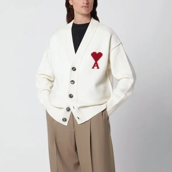 AMI Paris De Coeur Merino Wool Cardigan - White