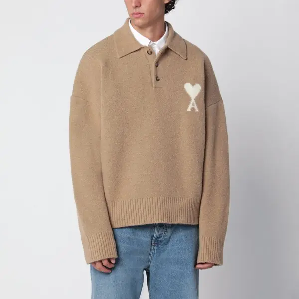 AMI Paris De Coeur Alpaca-blend Polo Sweater - Beige