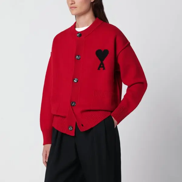 AMI Paris Ruby De Coeur Merino Wool Cardigan - Red