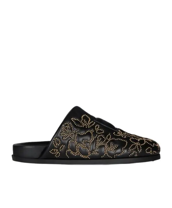 Givenchy Label Flat Mules In Leather With Studs - Black/gold