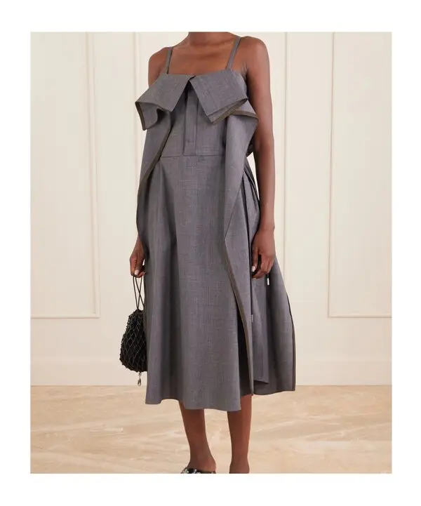 Sacai Midi Dress With Pleated Bodice And Voluminous Skirt - Gray