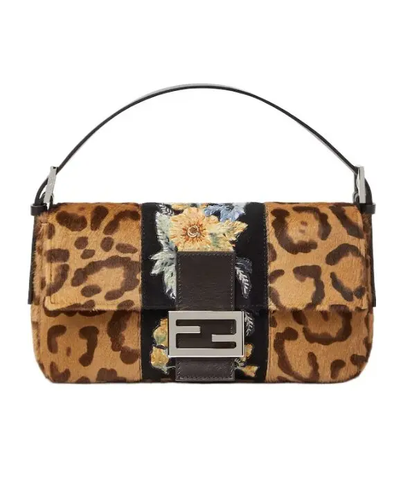 Fendi Baguette 26424 Embroidered Jaguar Print Pony-effect Leather Bag - Brown