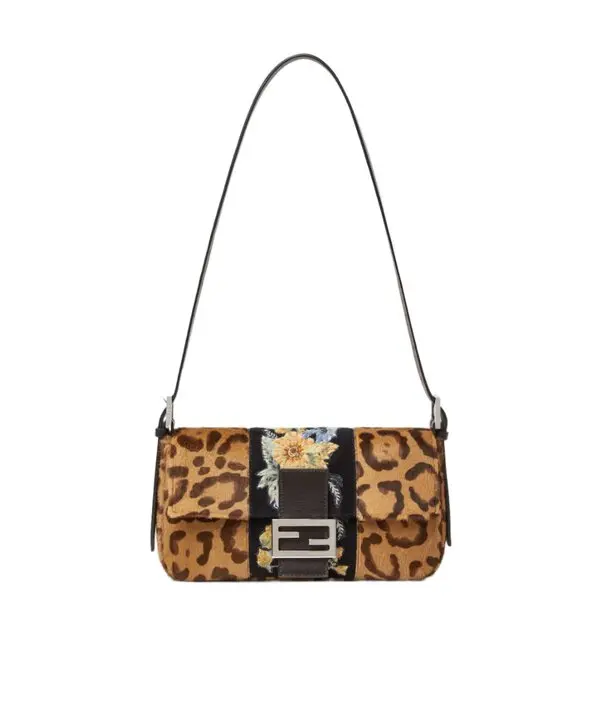 Fendi Baguette 26424 Embroidered Jaguar Print Pony-effect Leather Bag