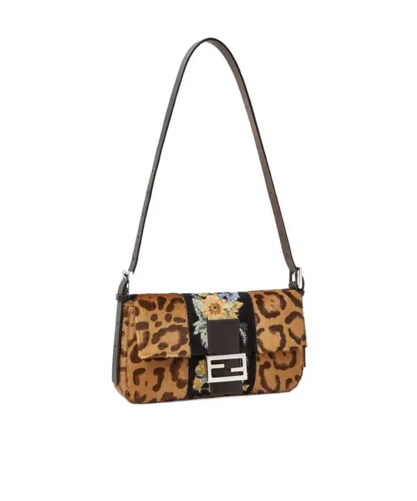 Fendi Baguette 26424 Embroidered Jaguar Print Pony-effect Leather Bag