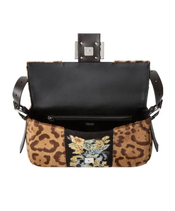 Fendi Baguette 26424 Embroidered Jaguar Print Pony-effect Leather Bag