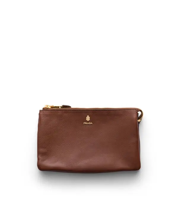 Prada Leather Zipper Pouch With Metal Lettering Logo