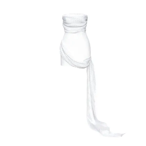 POST MERIDIEM Mini Dress With Train & Rhinestone Detail