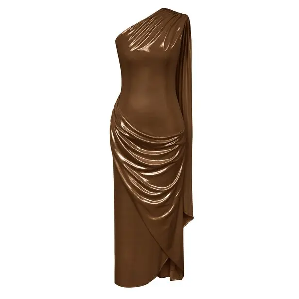 POST MERIDIEM Bronze Jersey Midi Dress With Train - Gold