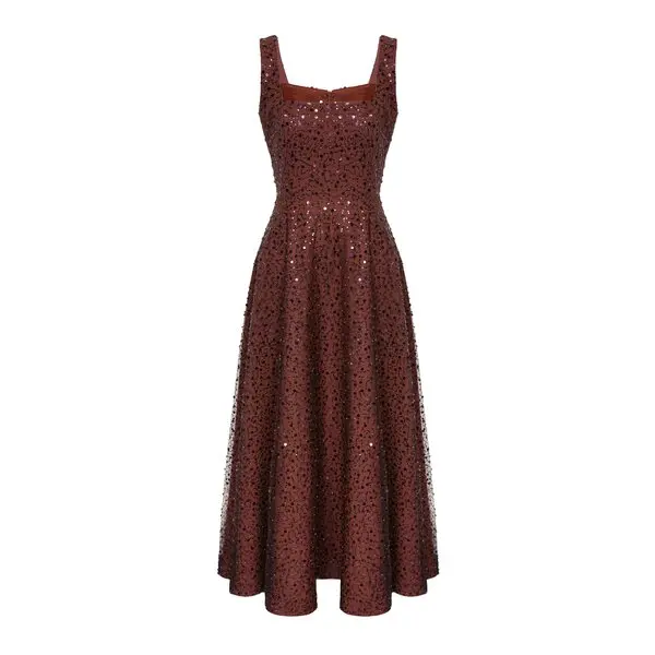 POST MERIDIEM Chocolate Embellished Midi Dress With Sequins & Beads
