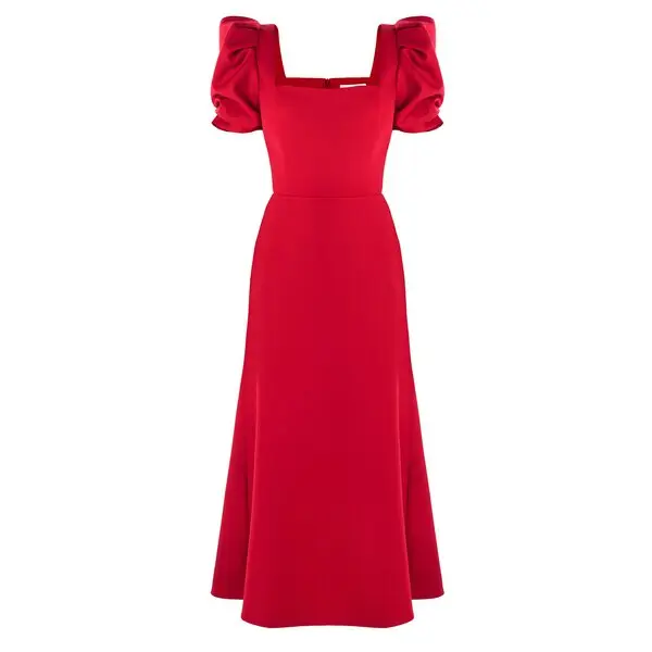 POST MERIDIEM Godet Silhouette Square Neck Midi Dress - Red