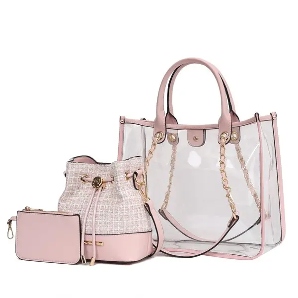 MKF COLLECTION - J'OMOR Diva Pvc Tote Bag With Tweed Bucket Bag - Pink