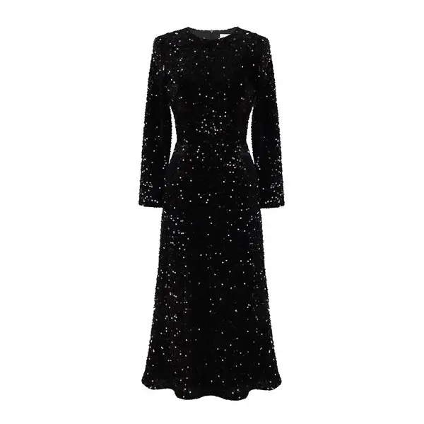 POST MERIDIEM Sequin Decorated Velvet Long Sleeve Midi Dress