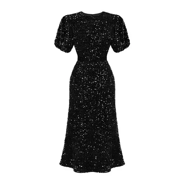 POST MERIDIEM Sequin Decorated Velvet Puff Sleeve Midi Dress
