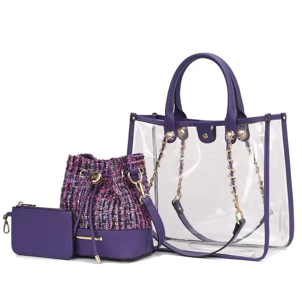 MKF COLLECTION - J'OMOR Diva Pvc Tote Bag With Tweed Bucket Bag - Purple