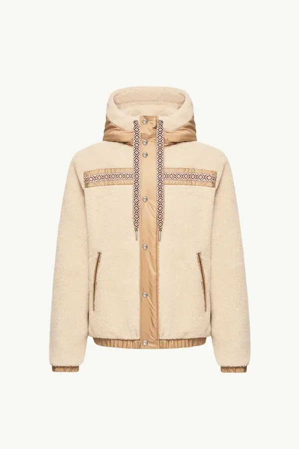 Moncler Geometric Trim Teddy Zip-up Hoodie - Beige