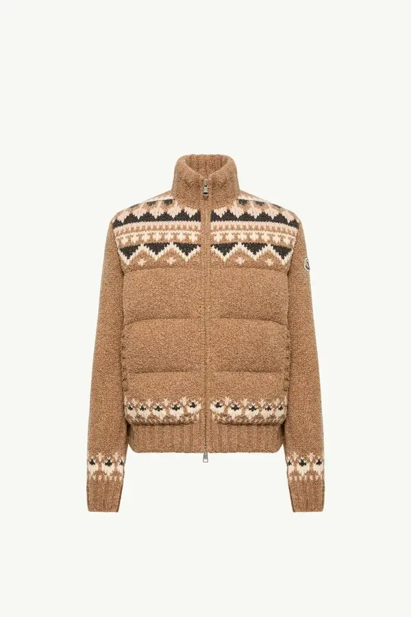 Moncler Geometric Bouclé Down Cardigan - Brown
