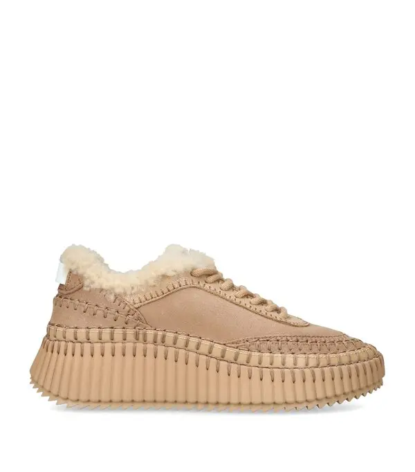 Chloé Leather Nama Runner Shearling Sneakers - Beige