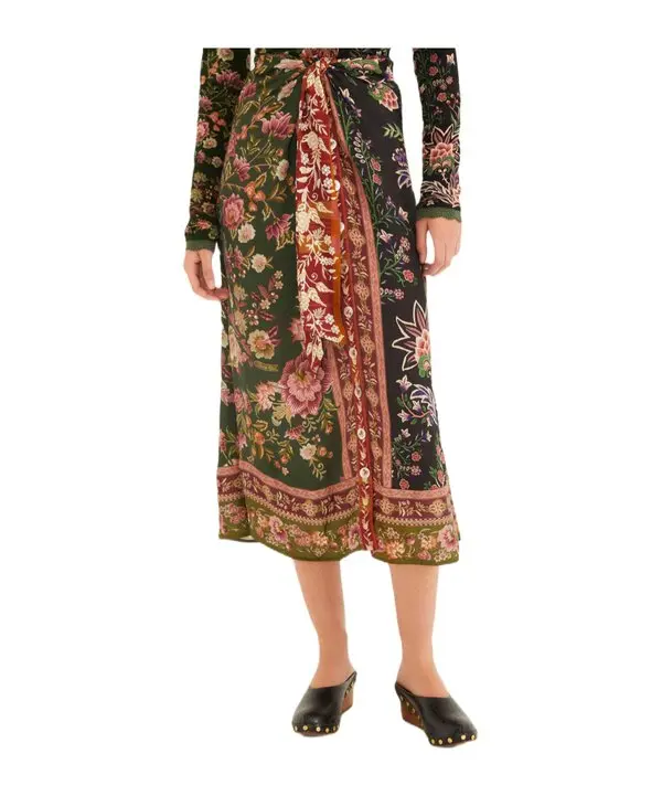 Farm Rio Floral Midi Skirt - Brown