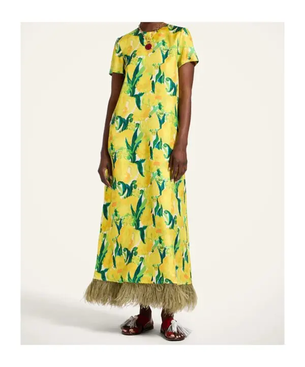 La DoubleJ Swing Floral-print Feather-hem Maxi Dress