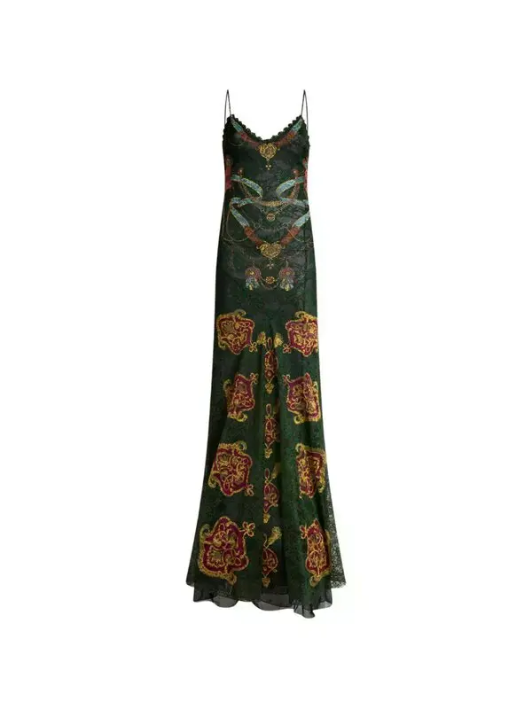 Etro Long Jersey Dress With Lace And Two Placed Prints - Green