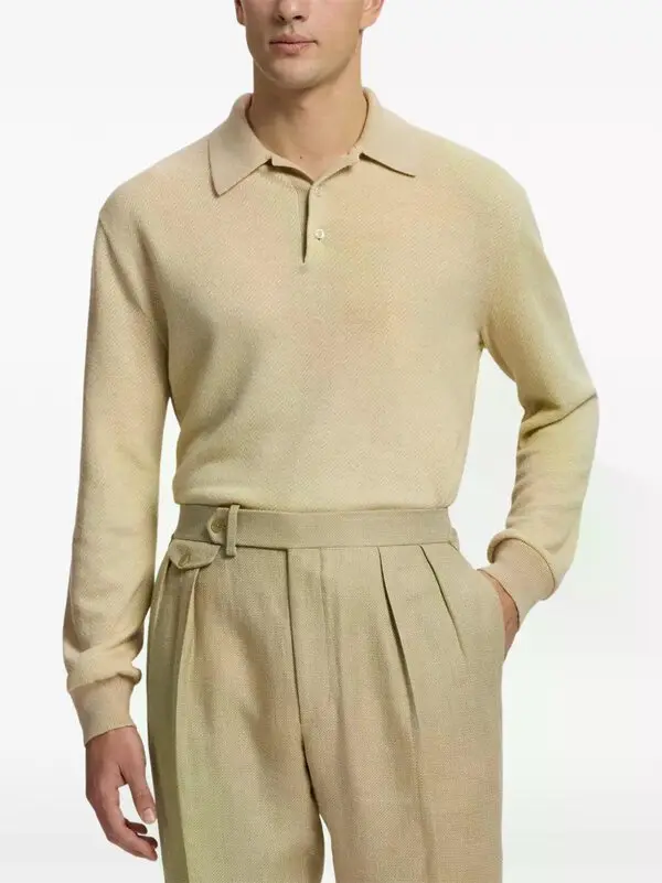 Ralph Lauren Purple Label Champagne Beige Herringbone Knit Polo Sweater