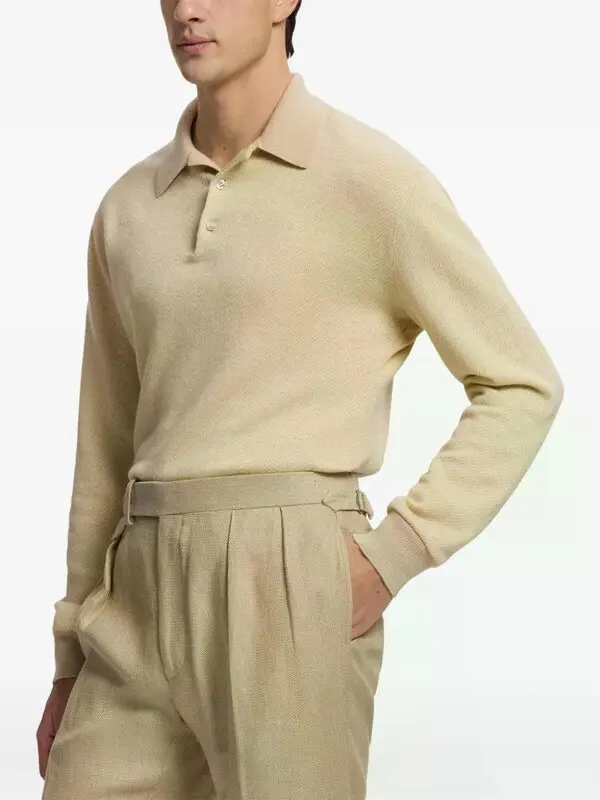 Ralph Lauren Purple Label Champagne Beige Herringbone Knit Polo Sweater