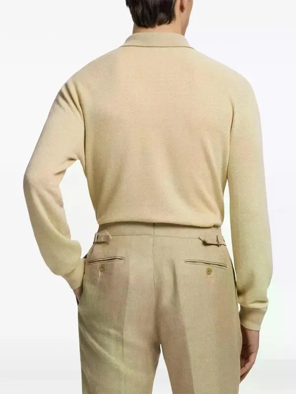 Ralph Lauren Purple Label Champagne Beige Herringbone Knit Polo Sweater