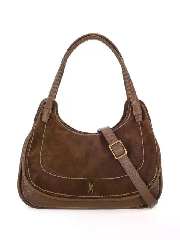 VISONA` Suede Contrast-stitching Shoulder Bag - Brown