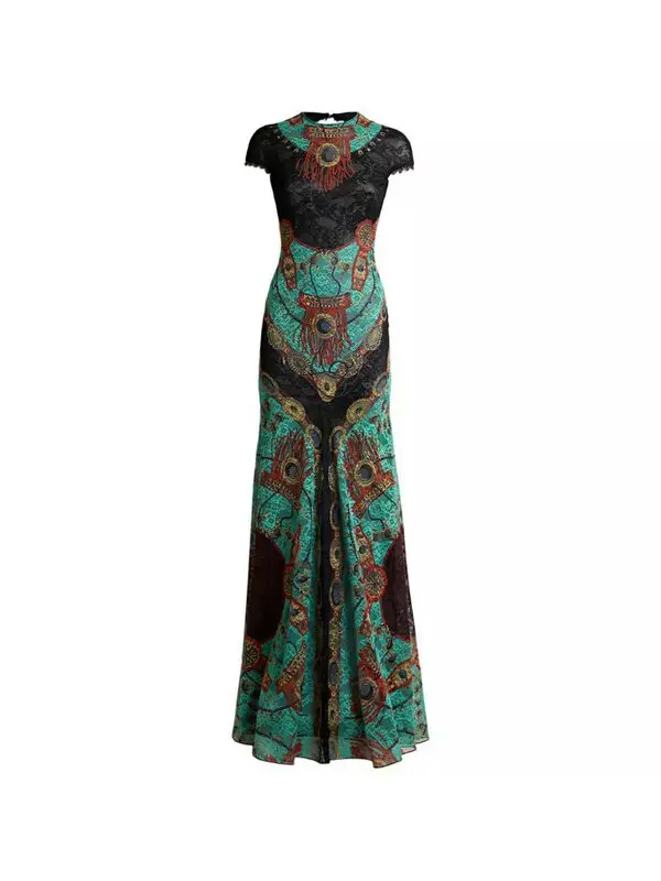 Etro Long Dress In Jersey With Lace And Placed Jewellery Print - Green
