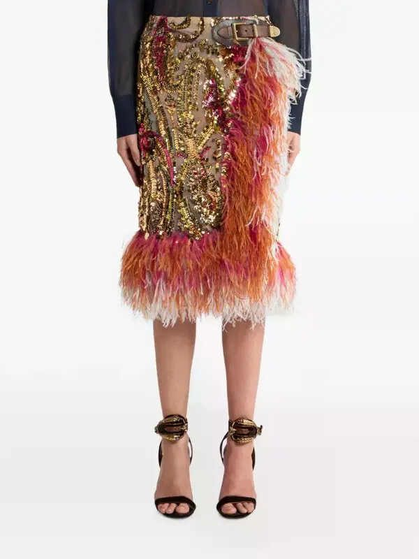 Etro Sequined Skirt With Feather Trim - Gold