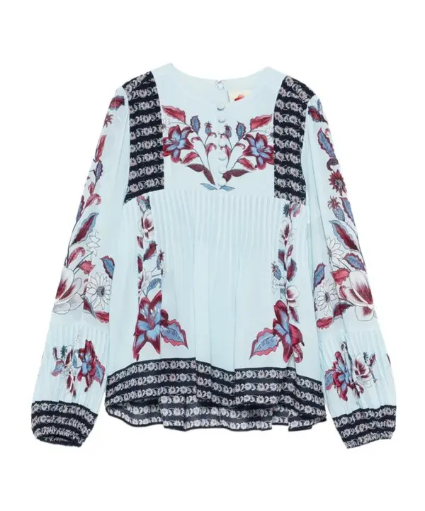 Farm Rio Marcelle Floral-print Pleated Blouse - Blue