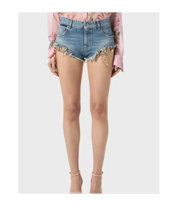 Blumarine Embellished Frayed-hem Denim Shorts