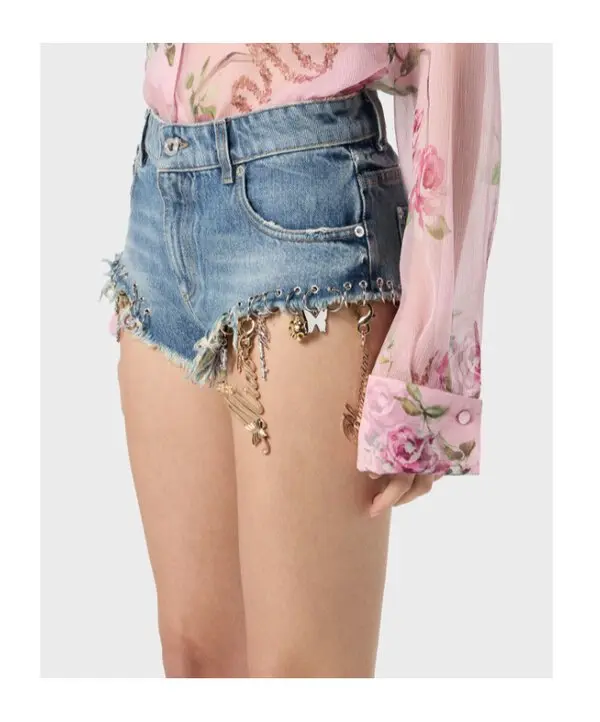 Blumarine Embellished Frayed-hem Denim Shorts