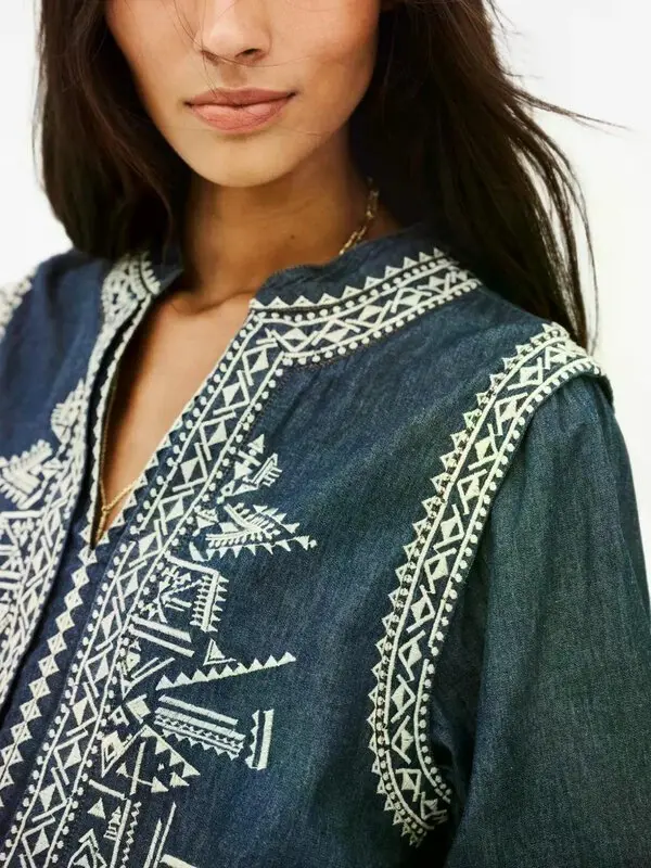 Ba&sh Laura Embroidered Denim Blouse