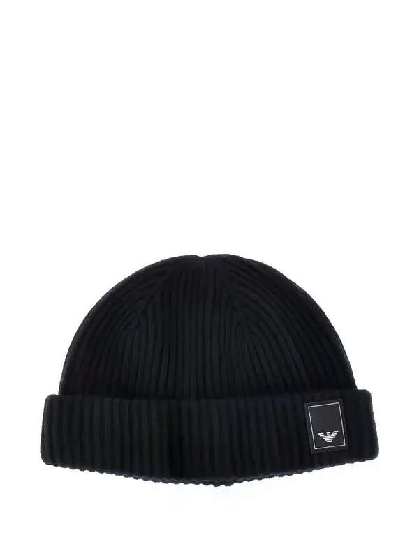 Emporio Armani Ribbed Knit Beanie Hat With Logo Patch - Blue
