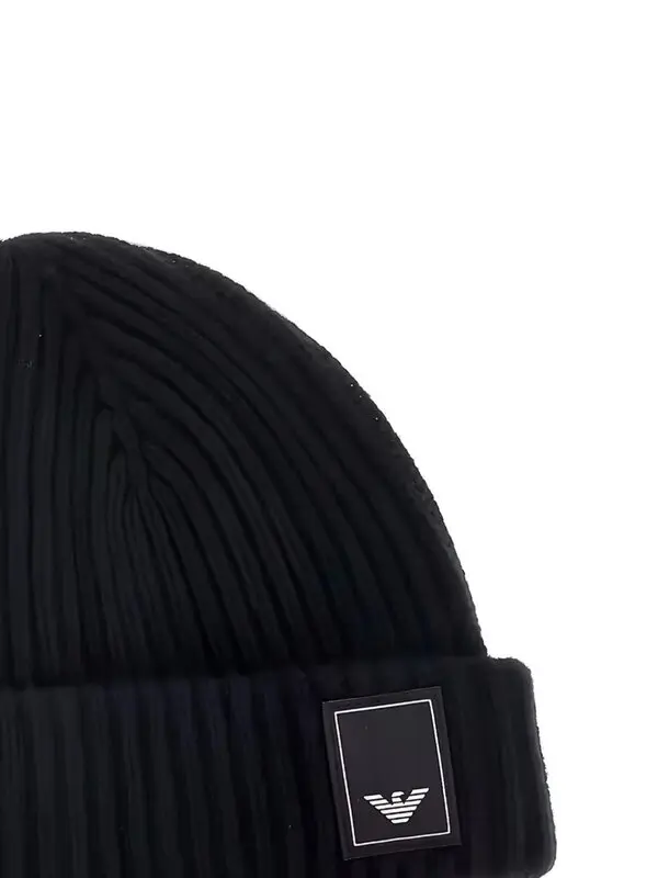Emporio Armani Ribbed Knit Beanie Hat With Logo Patch
