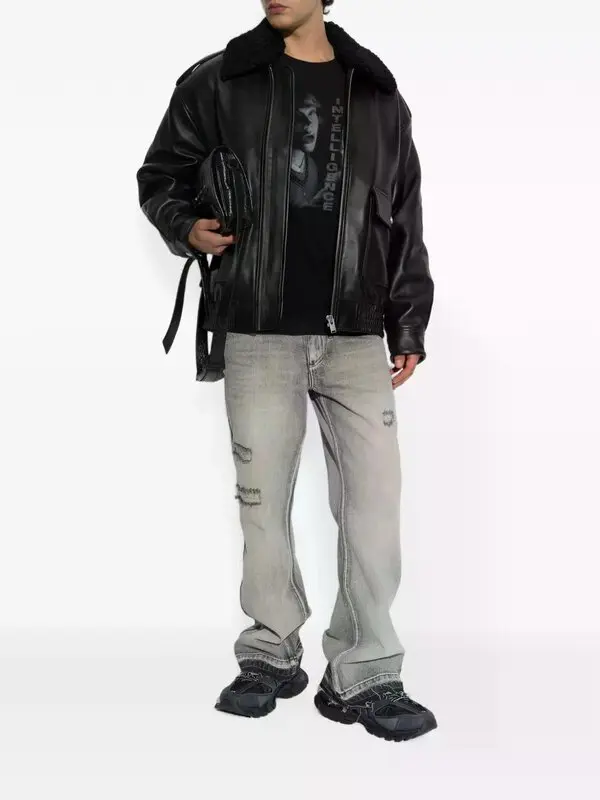 MISBHV Shearling Collar Leather Bomber Jacket