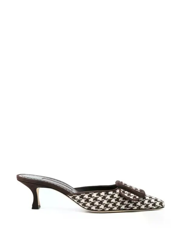 Manolo Blahnik Maysalebi Houndstooth Buckled Mules - Brown