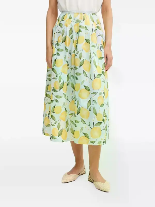 OUI Lemon-print Pleated Midi Skirt - Green