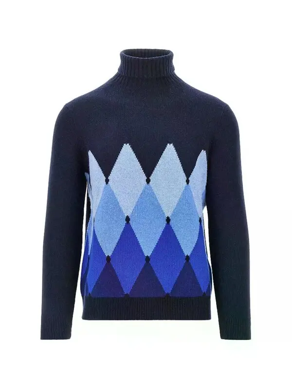 BALLANTYNE Argyle Cashmere Roll Neck Sweater - Blue