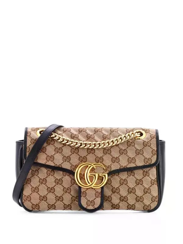 Gucci Gg Marmont Flap Bag Diagonal Quilted Gg Canvas With Leather Small Shoulder Bag - Black